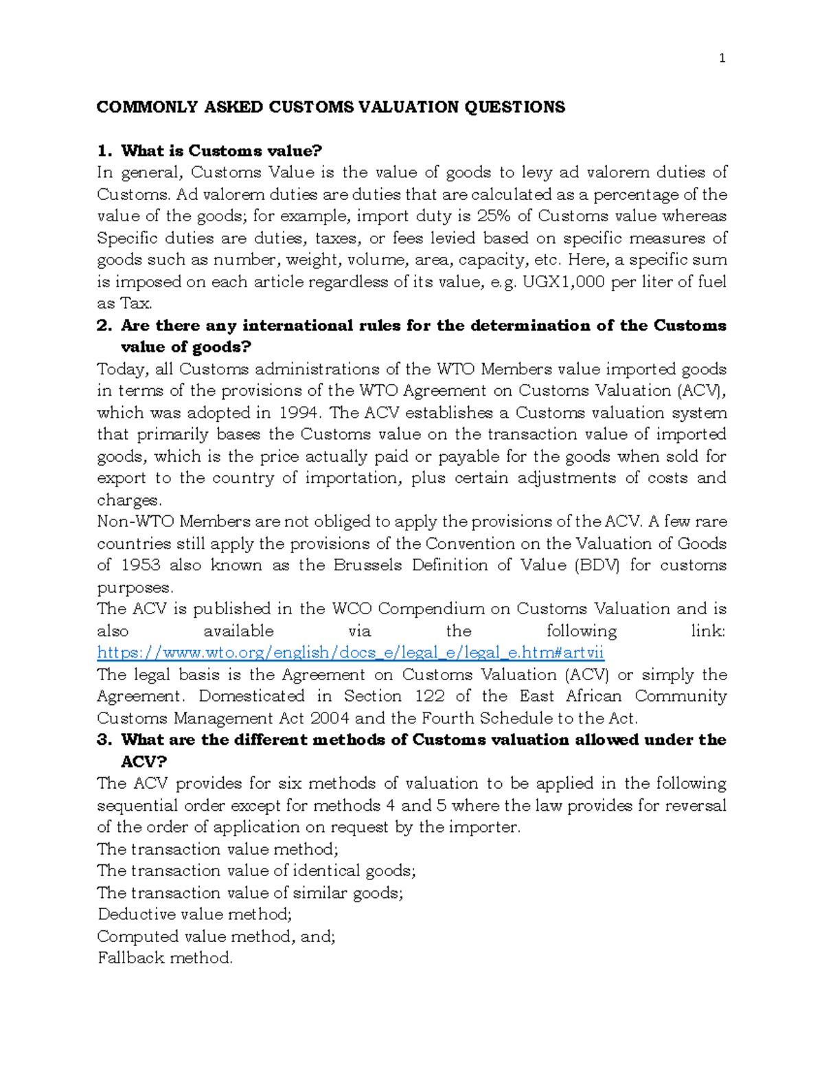Customs Valuation Q&A: Understanding ACV Methods and Practices - Studocu