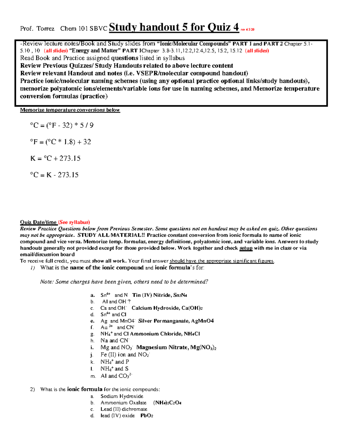 Study Handout 5 Q4 - Prof. Torrez Chem 101 SBVC Study handout 5 for ...
