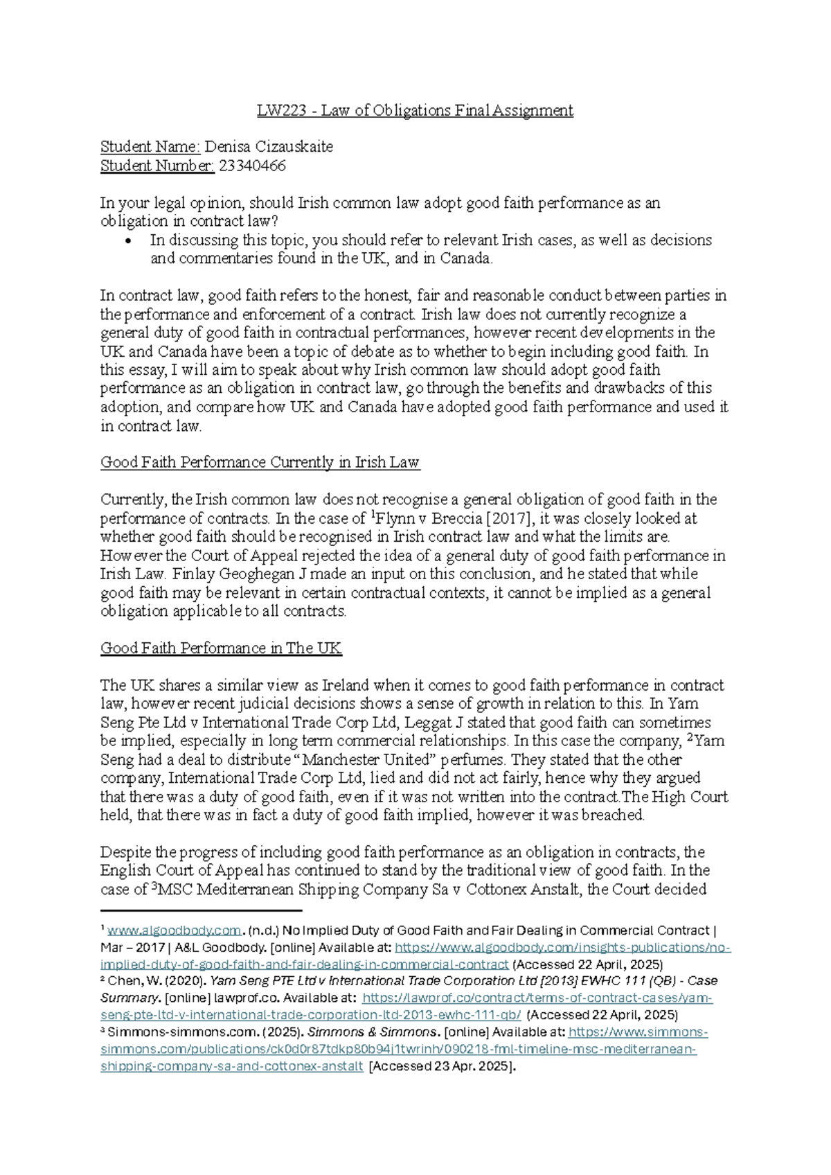 LW223 Law of Obligations Essay: Good Faith Performance in Contracts ...