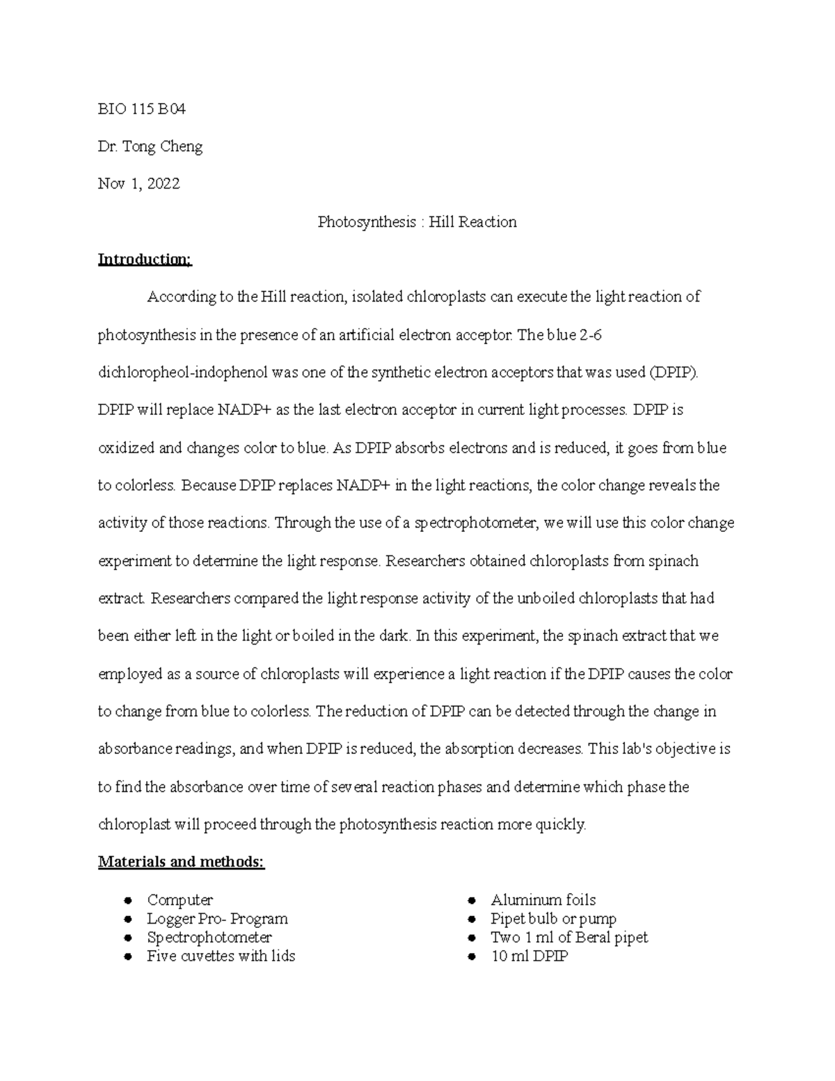 BIO 115 Lab Report 2 - Professor Chang was the teacher - BIO 115 B Dr ...