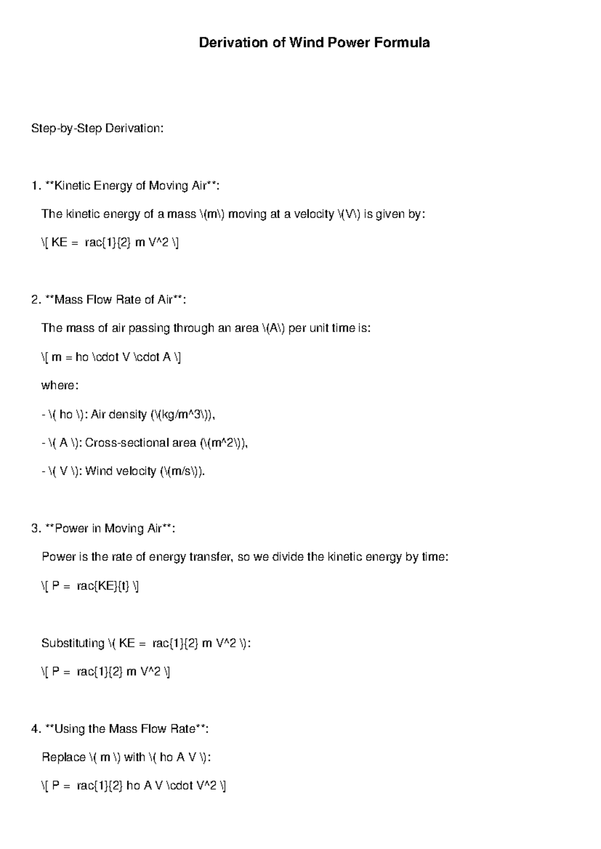 Wind Power Derivation - EXAM2 - Derivation of Wind Power Formula Step ...
