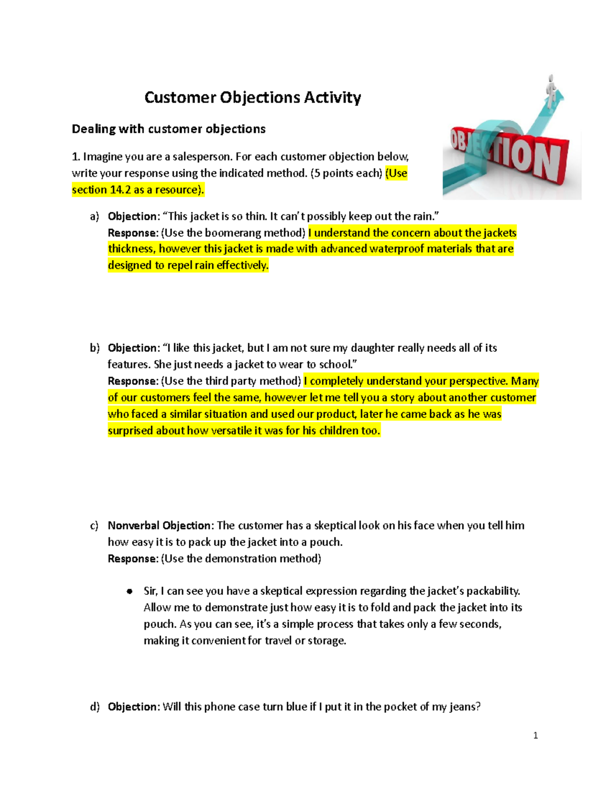Customer Objections Activity Guide and Response Strategies - Studocu