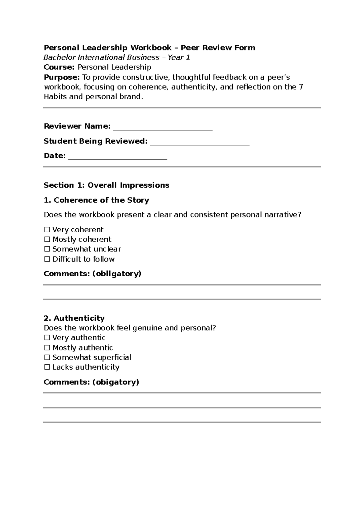 Peer Review Form for Personal Leadership Workbook - IB Year 1 - Studocu