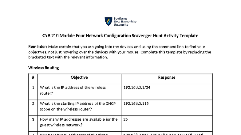 CYB 210 Assignment 4-3 Network Configuration Scavenger Hunt Guide - Studocu