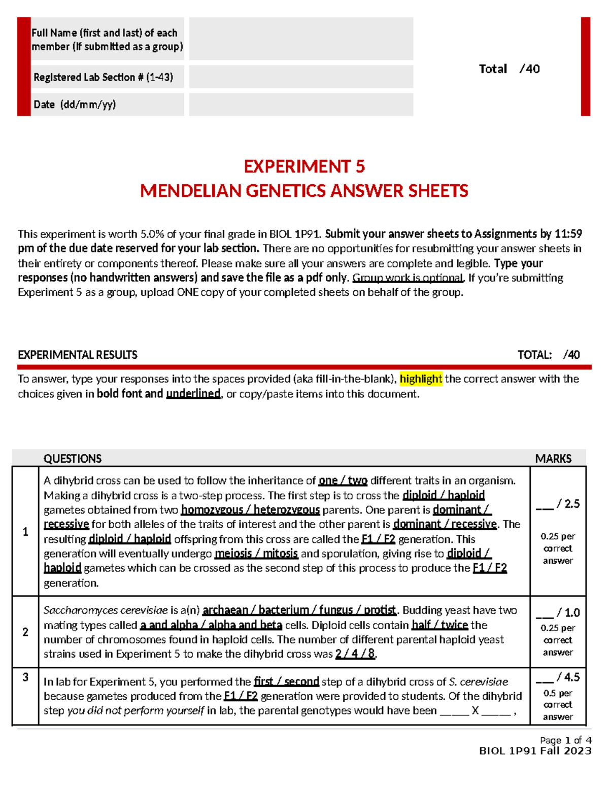 BIOL 1P91 Lab 5: Mendelian Genetics Experiment Answer Sheets - Studocu
