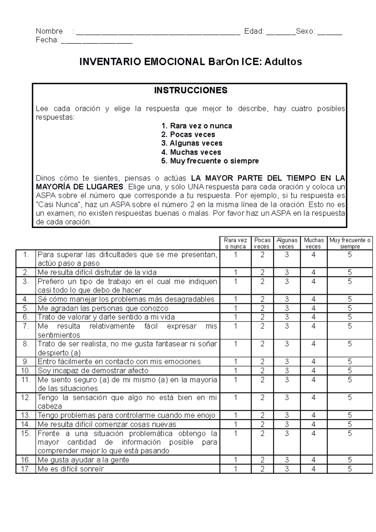 Inventario De Inteligencia Emocional De Bar On Nombre