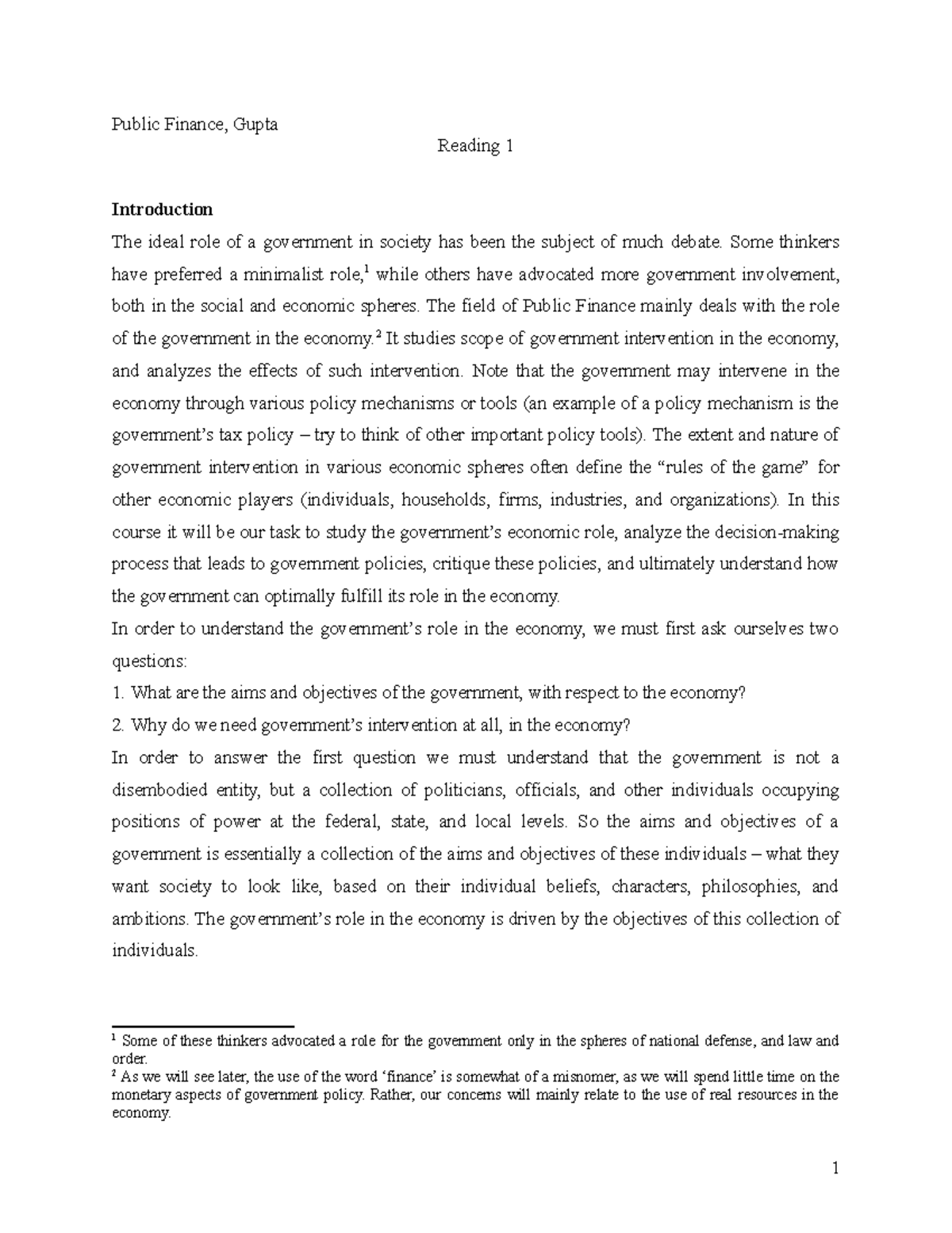 Public Finance Reading 1: Understanding Government's Role in Economy ...