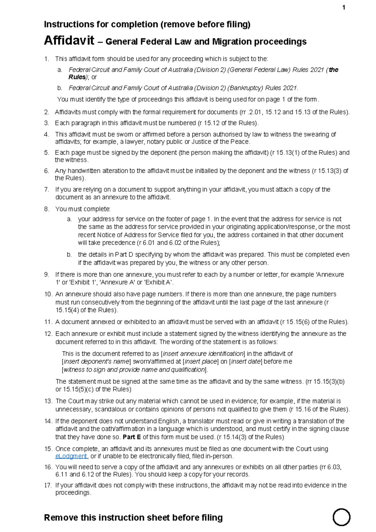 Affidavit Instructions for General Federal Law - GFL 0623v1 - Studocu