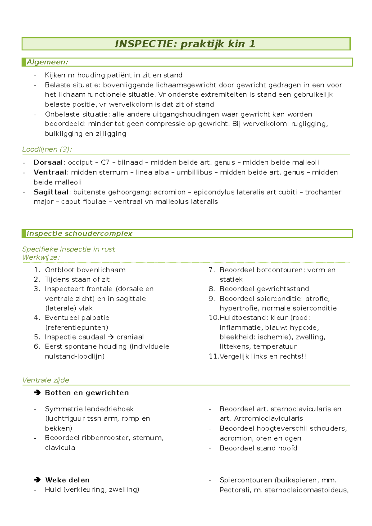 Inspectie Praktijk voor Kin 1: Hoofd, Schouder en Elleboog - Studocu