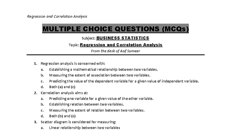 MCQ-Regression n Correlation - MULTIPLE CHOICE QUESTIONS (MCQs) Subject: BUSINESS STATISTICS ...