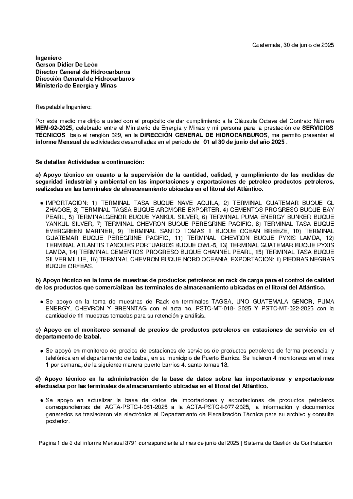 Informe Mensual 3791 - Actividades de Hidrocarburos (Junio 2025) - Studocu