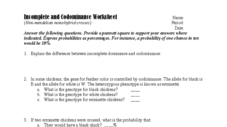 Genetics Problems: Incomplete Dominance & Codominance Worksheet - Studocu