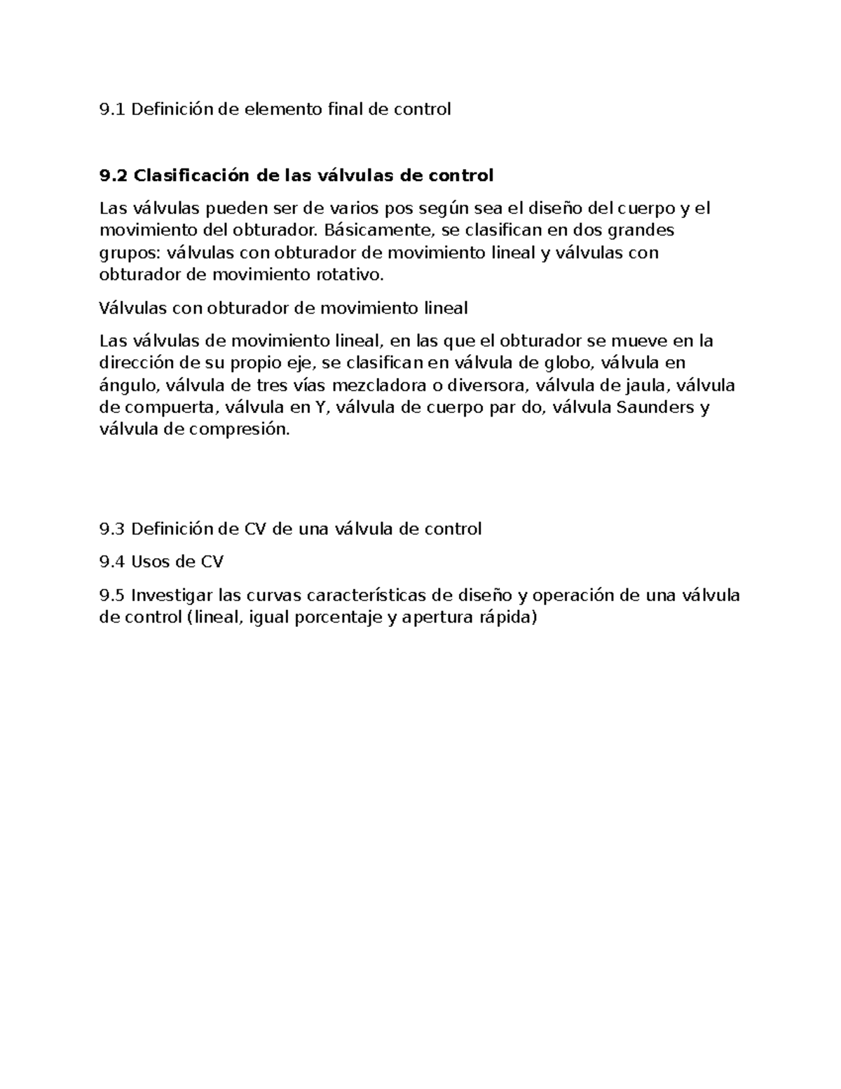Investigación P9 EFDC: Válvulas de Control y Clasificación - Studocu