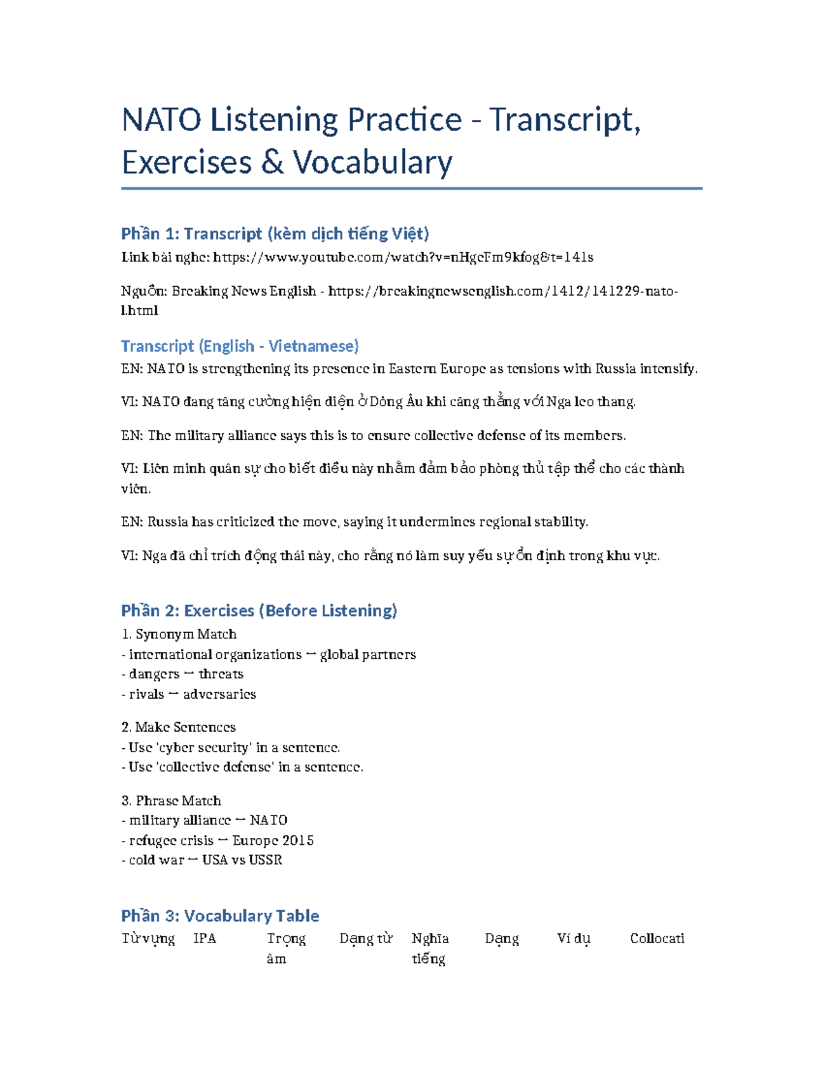 NATO Listening Practice: Transcript, Exercises & Vocabulary Guide - Studocu