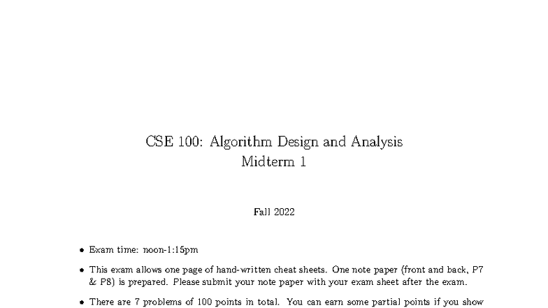 CSE 100: Algorithm Design & Analysis Midterm 1 Solutions Fall 2022 - Studocu