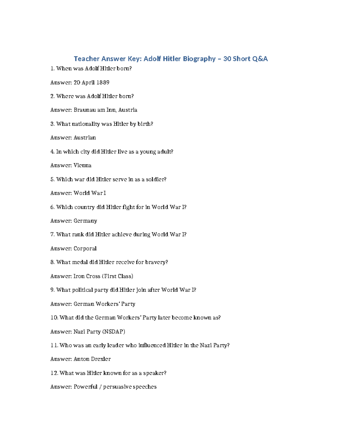 Teacher Answer Key: Adolf Hitler Biography 30 Q&A - Studocu