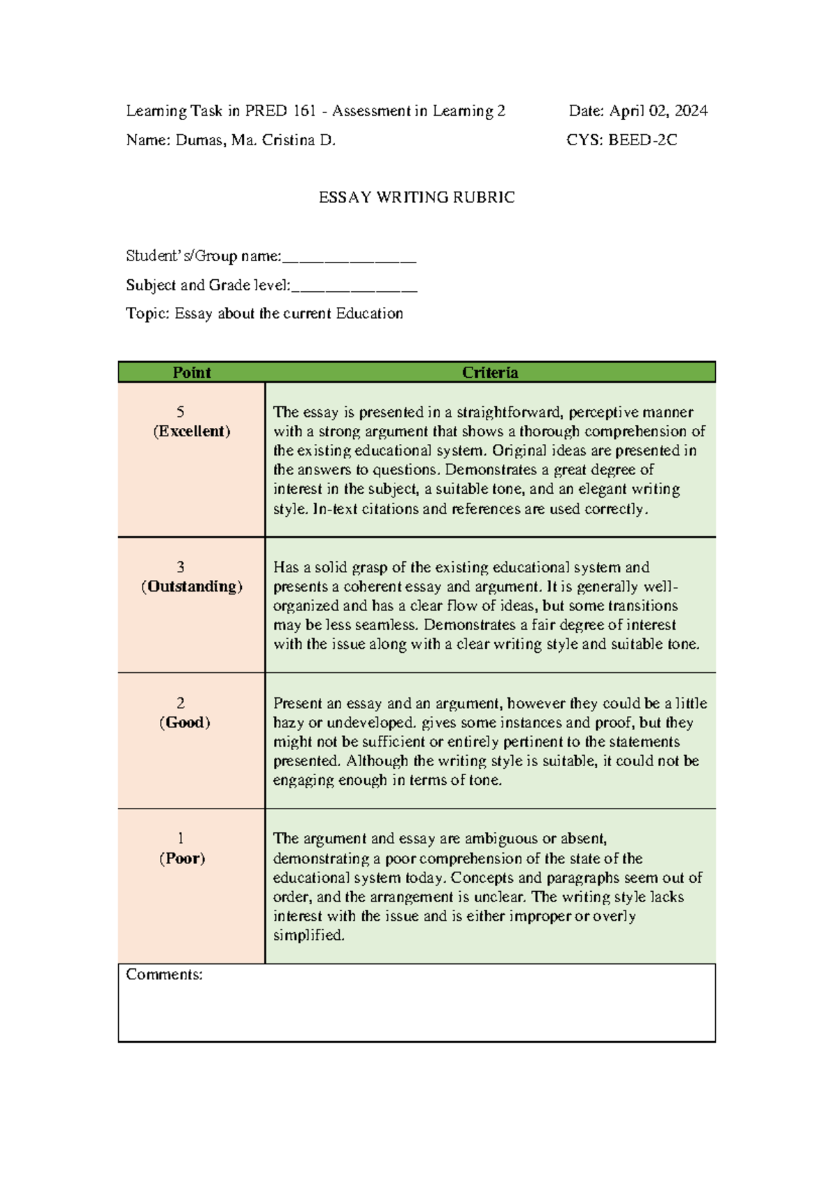 PRED 161 Essay Writing Rubric - Assessment in Learning 2 - Studocu