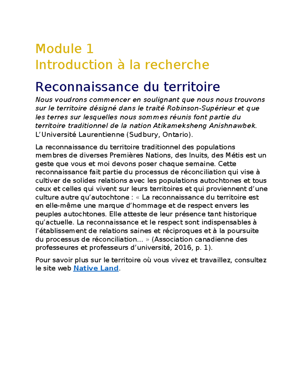 Module 1 : Introduction à la recherche et reconnaissance du territoire ...