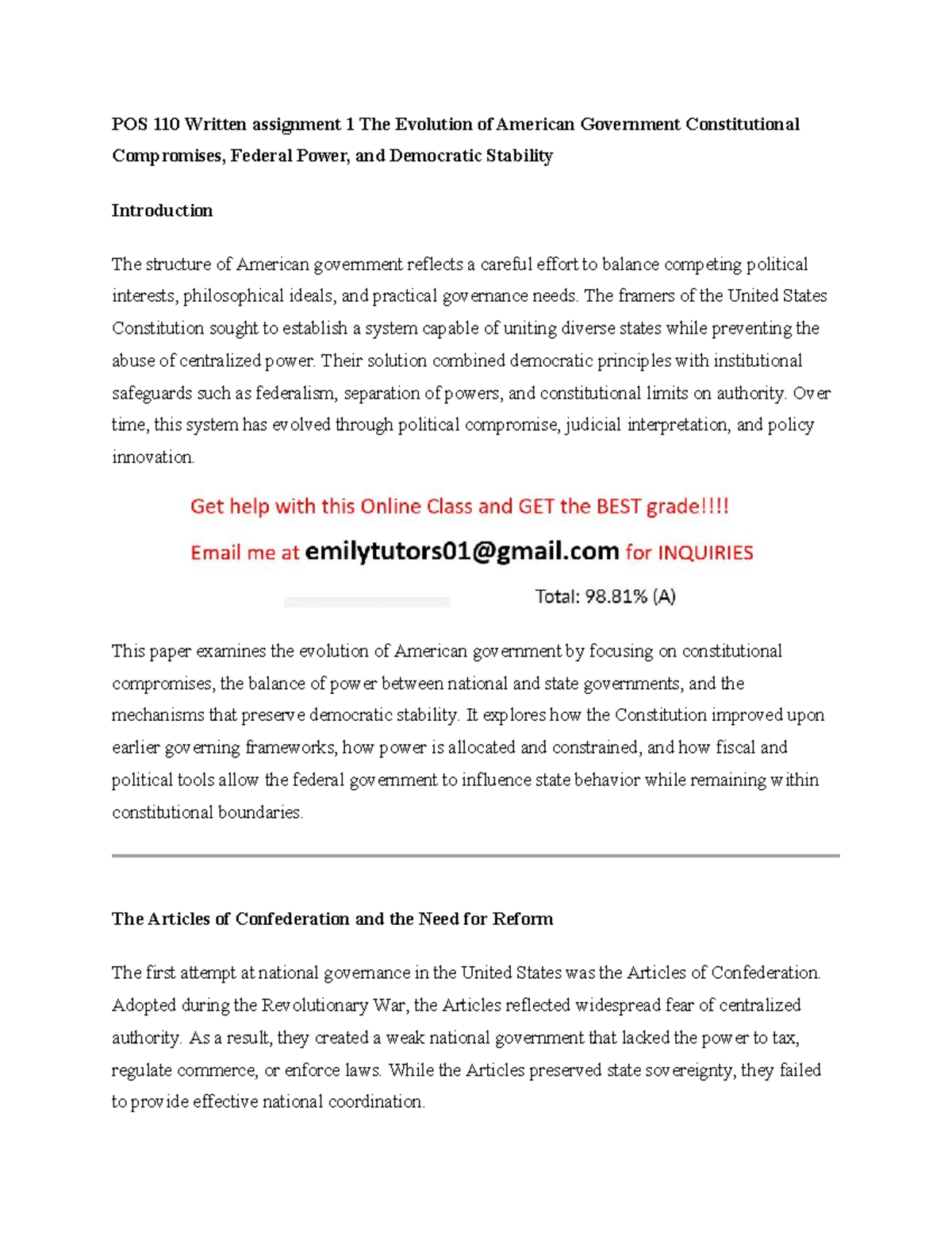 POS 110 Written Assignment 1: Evolution of American Gov't & Compromises ...