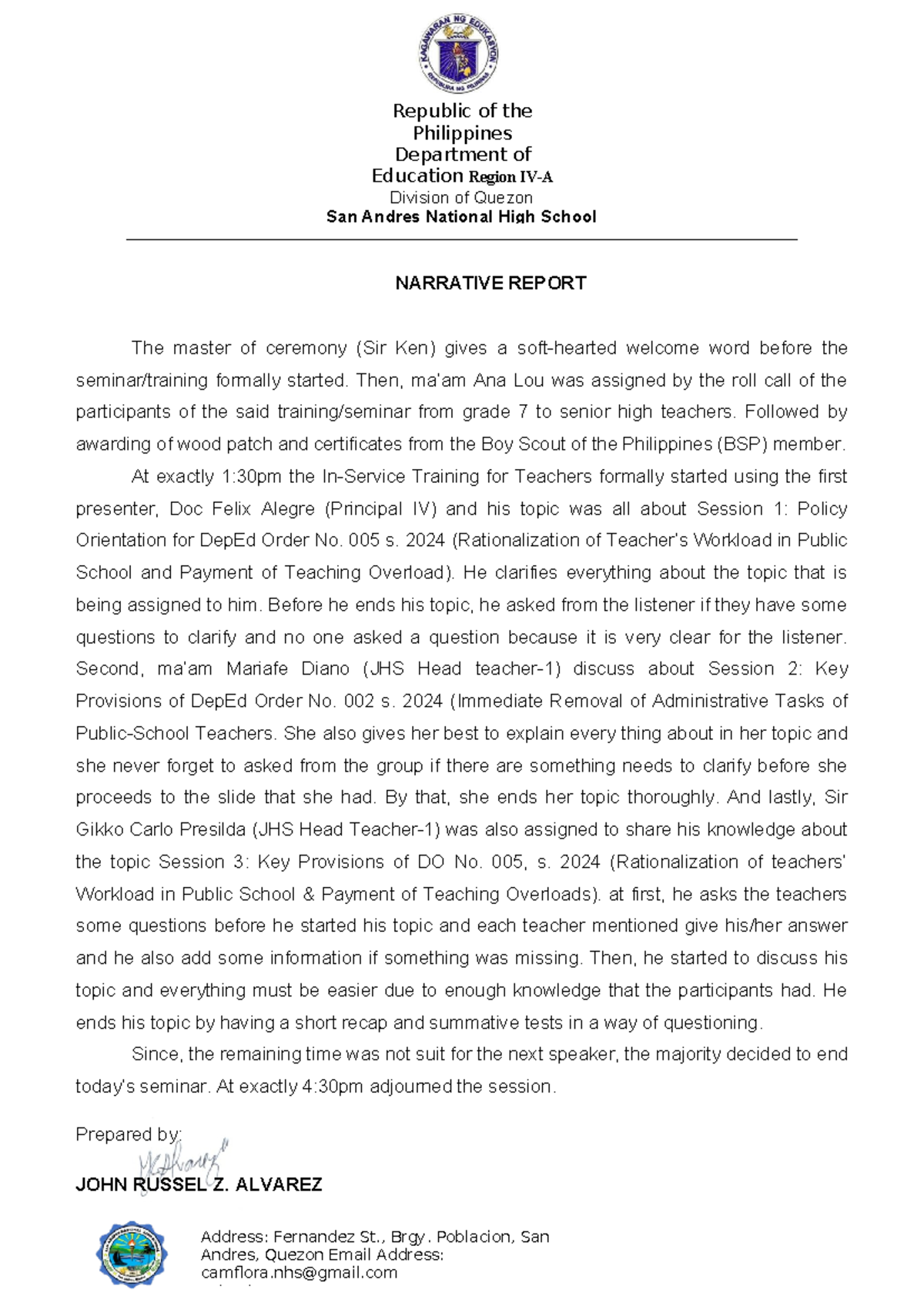 Narrative Report: In-Service Training for Teachers, July 21 - Studocu