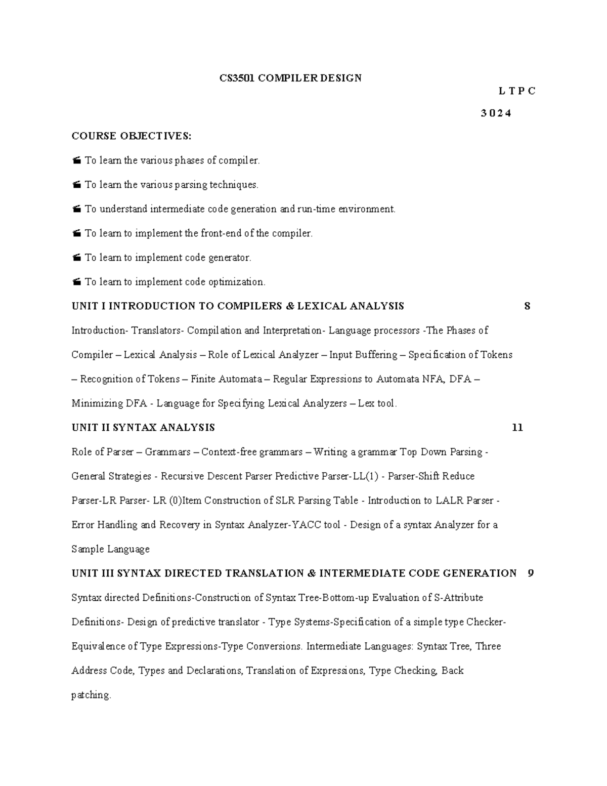 CS3501 Compiler Design: Comprehensive Course Overview and Objectives ...