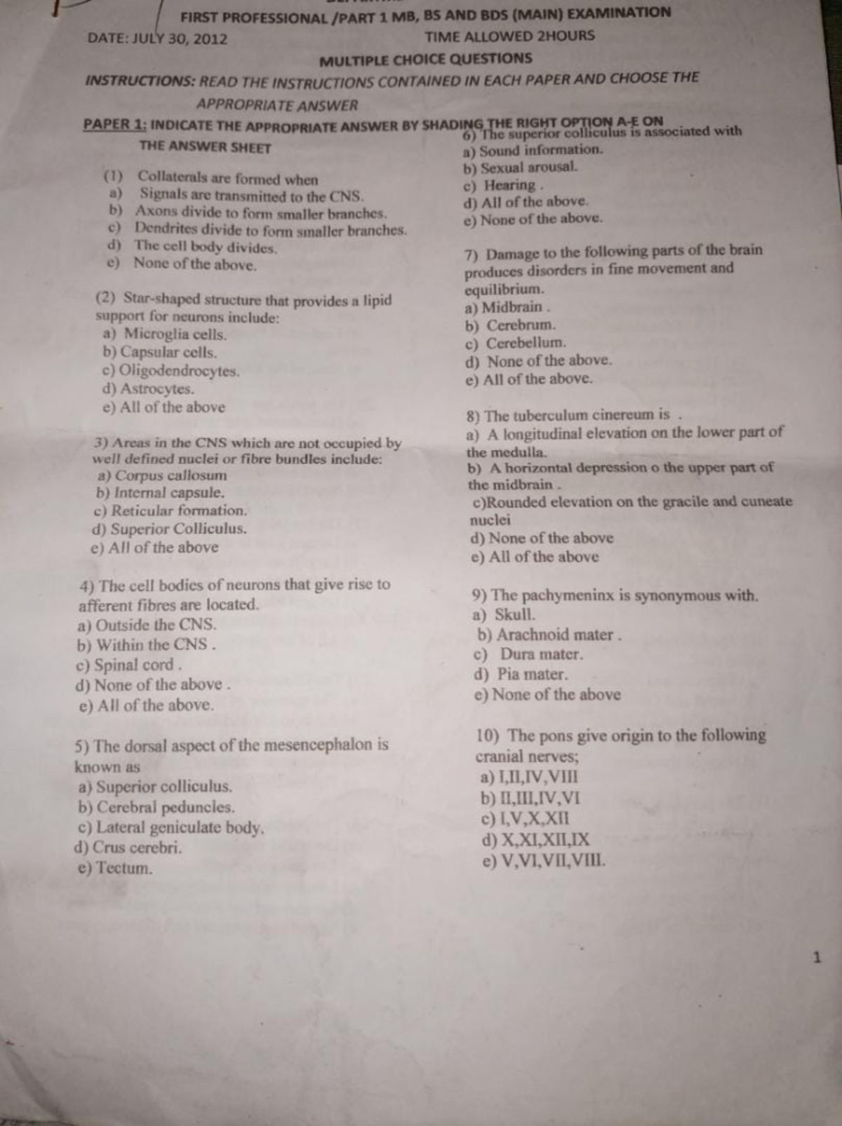 2012 Anatomy - Past papers for practice - FIRST 1 MB, BS AND BDS (MAIN ...