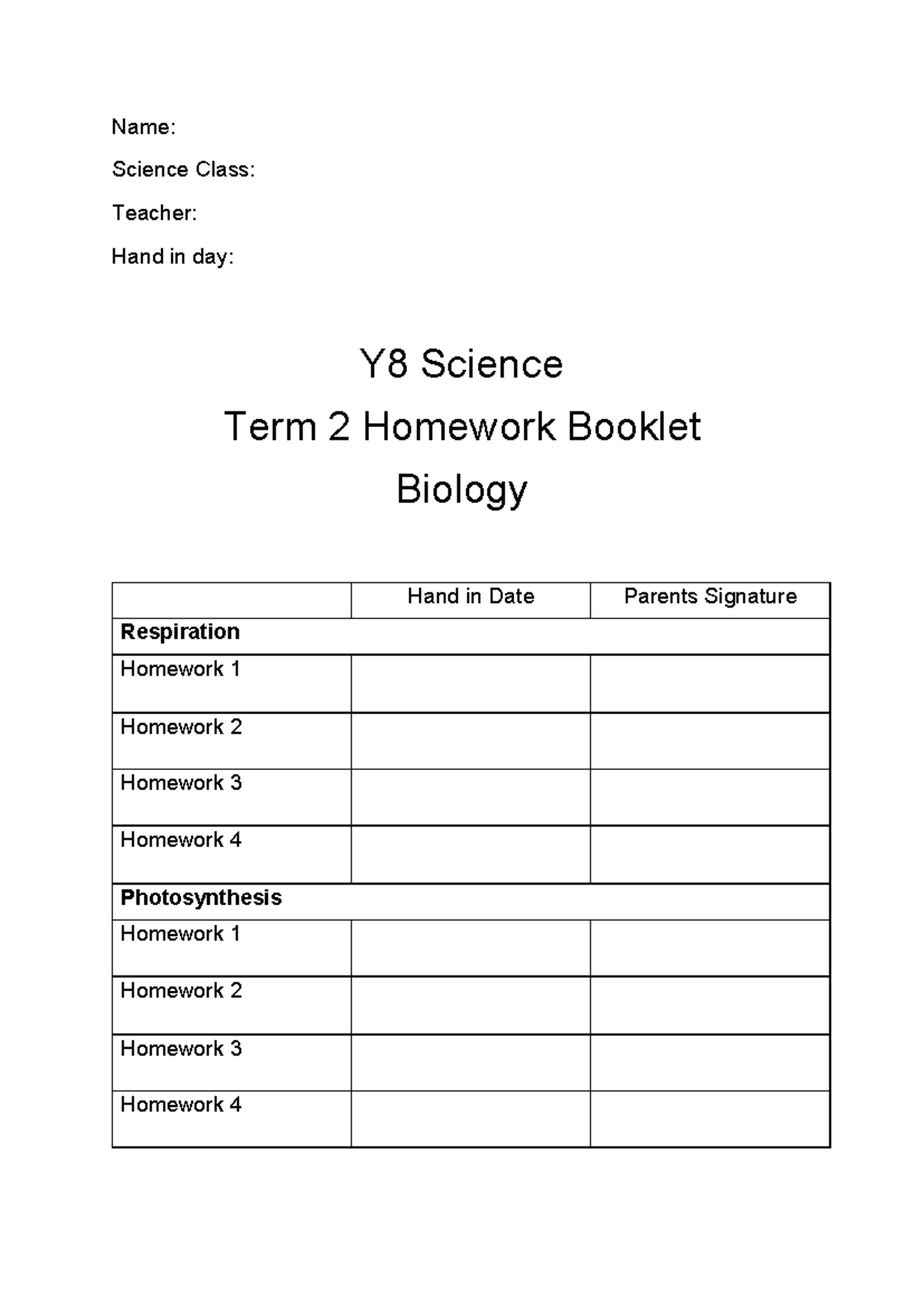 Science Y8 Biology Term 2 Homework: Respiration & Photosynthesis - Studocu