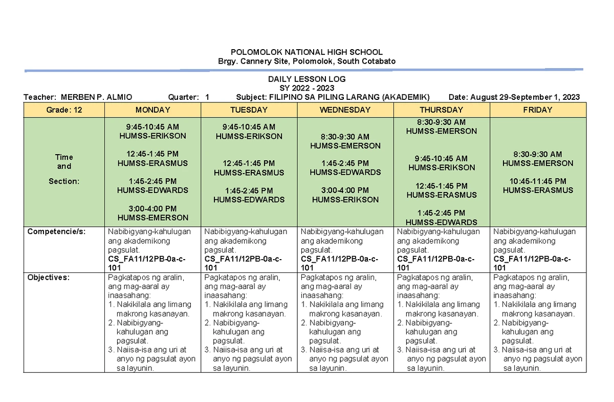 Classroom Observation Lesson Plan (CS-FA11/12PD-Om-o-) for Lakbay ...