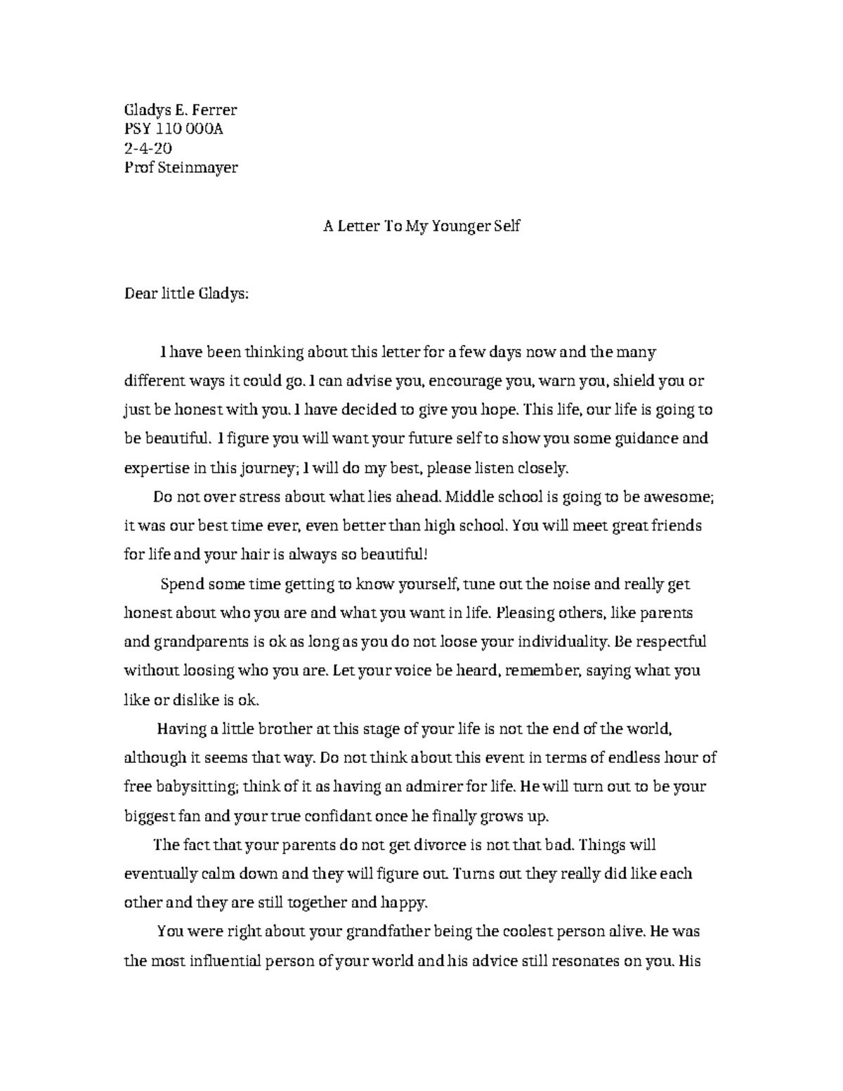 PSY 110 000A: Reflective Letter to My Younger Self by Gladys E. Ferrer ...