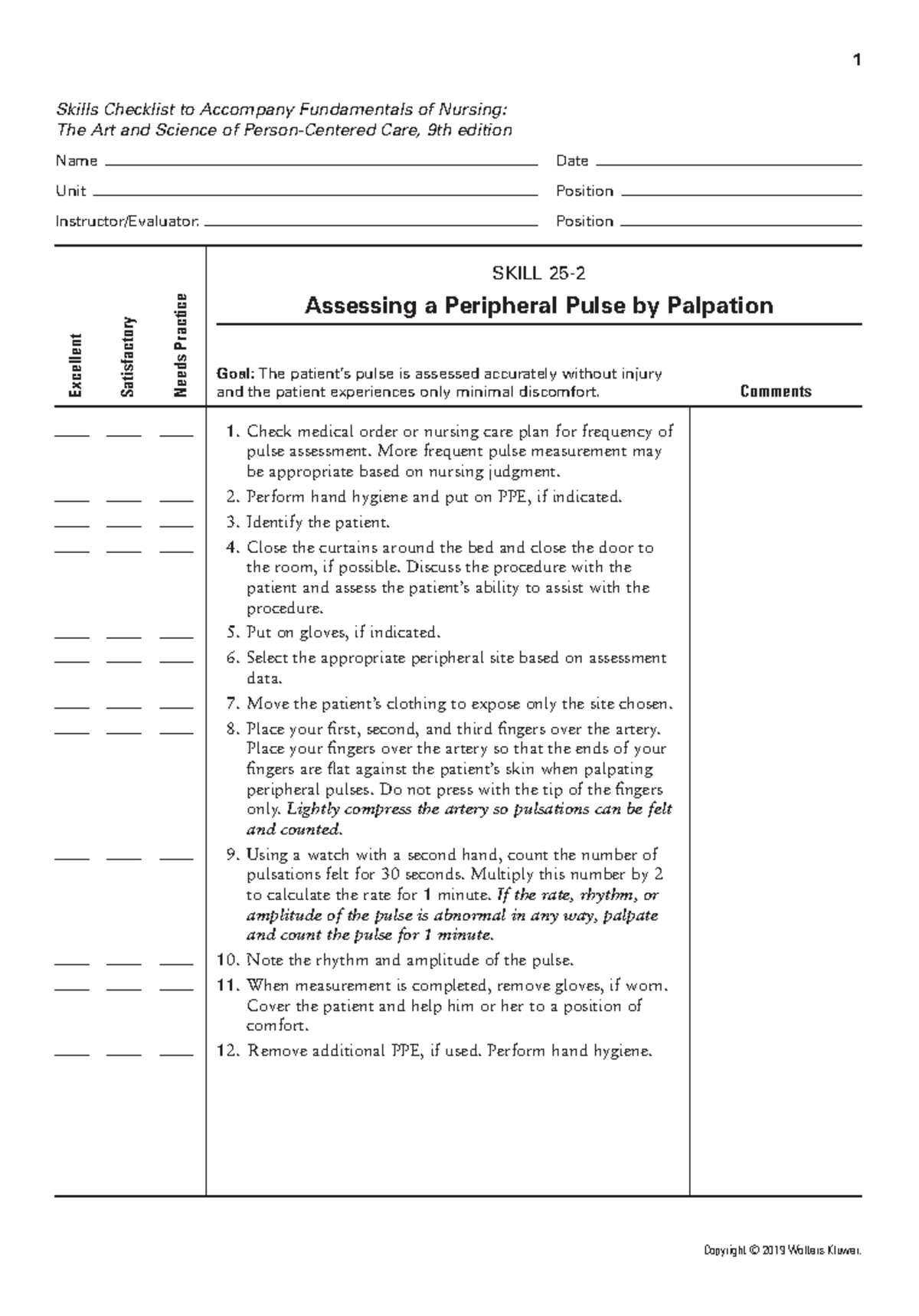 Assessing peripheral pulses - 1 Skills Checklist to Accompany ...