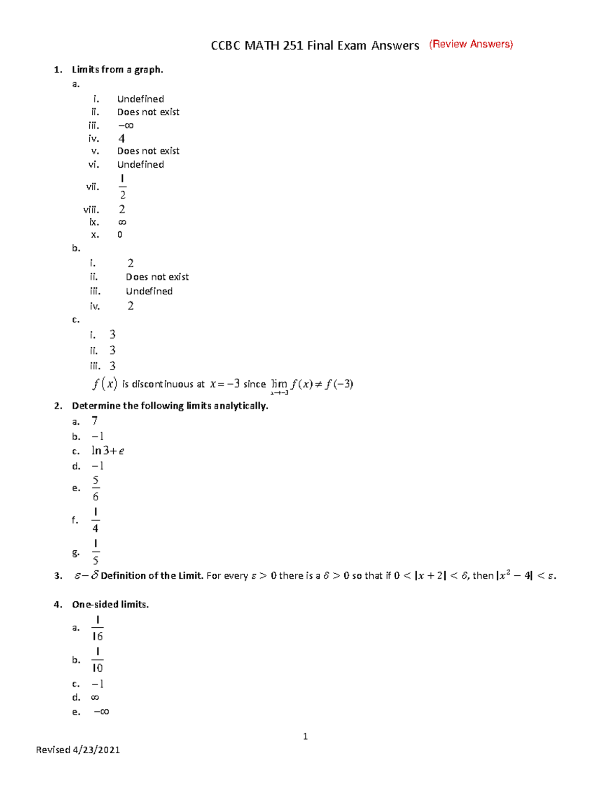 Math 251 Final Exam Review Answers - 1 CCBC MATH 251 Final Exam Answers ...