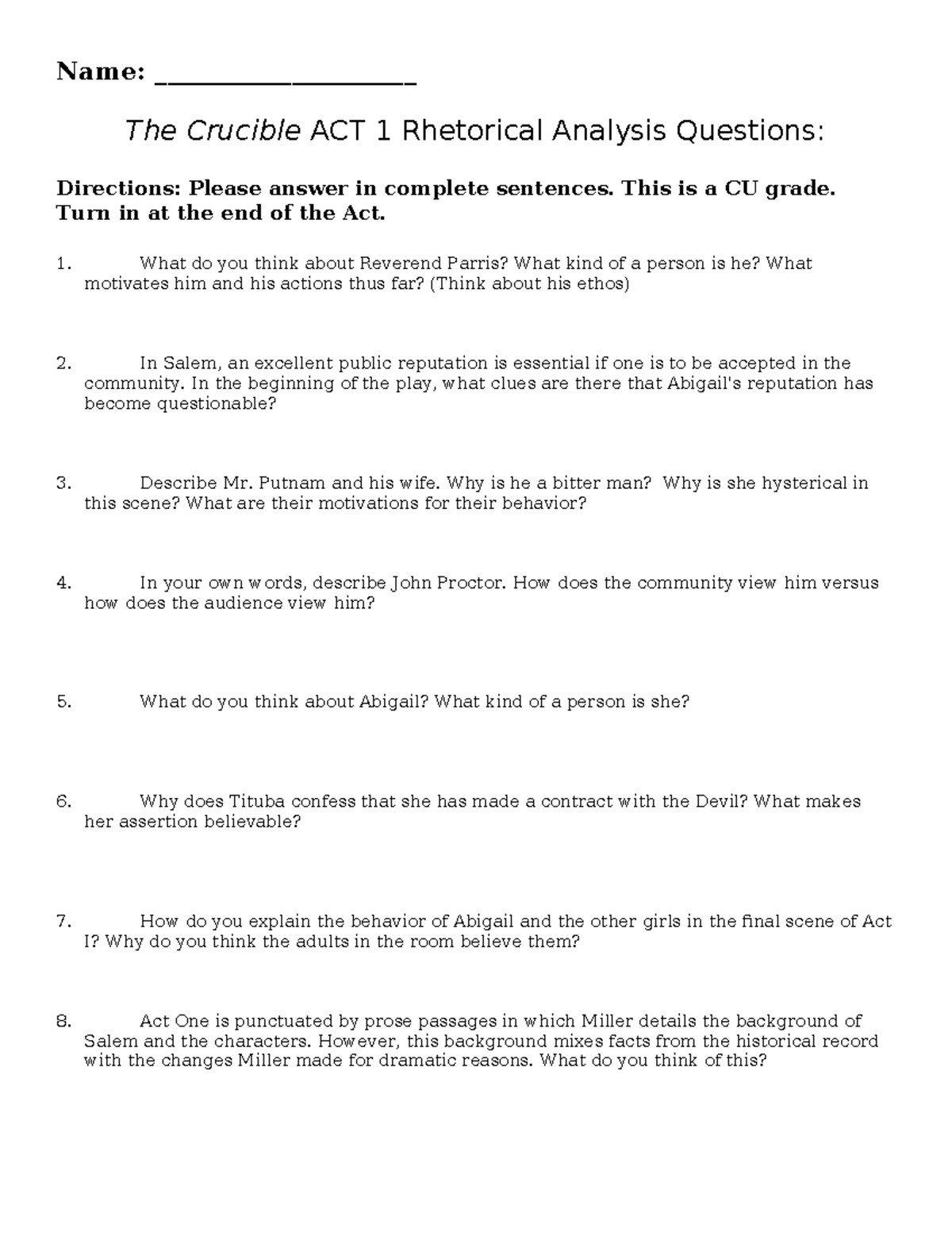 The Crucible ACT 1 Rhetorical Analysis Questions 2021 - Studocu