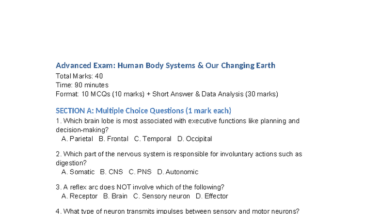 Advanced Exam: Human Body Systems & Earth Changes (40 Marks) - Studocu