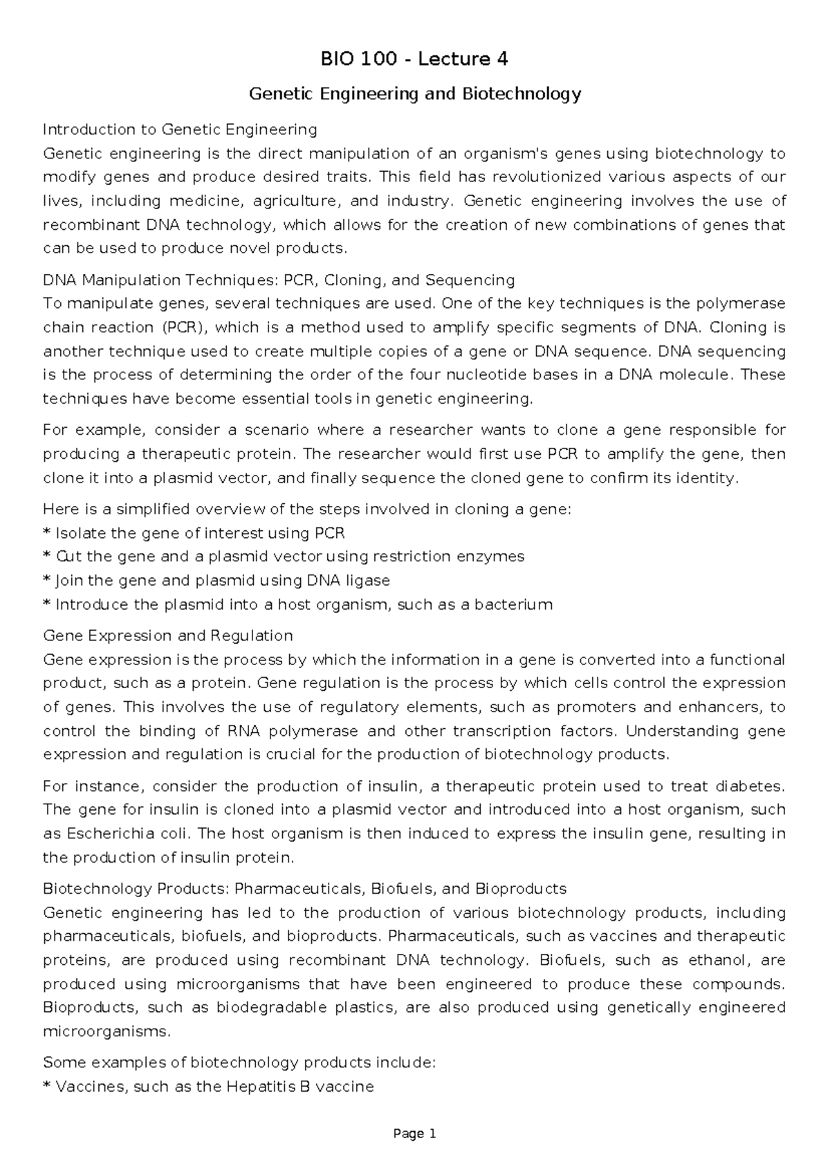 BIO 100 Lecture 4: Intro to Genetic Engineering & Biotech - Studocu