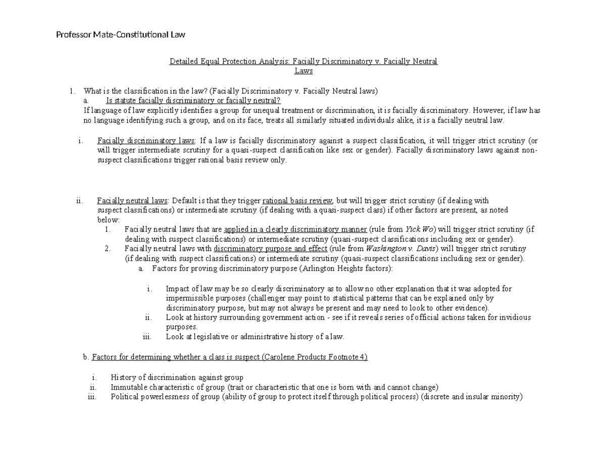 Constitutional Law 202: Handout on Equal Protection Analysis - Studocu