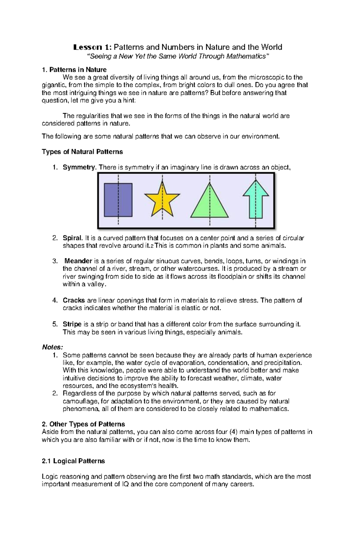 Lesson 1 - Patterns and Numbers in Nature and the World - Lesson 1: Patterns and Numbers in ...
