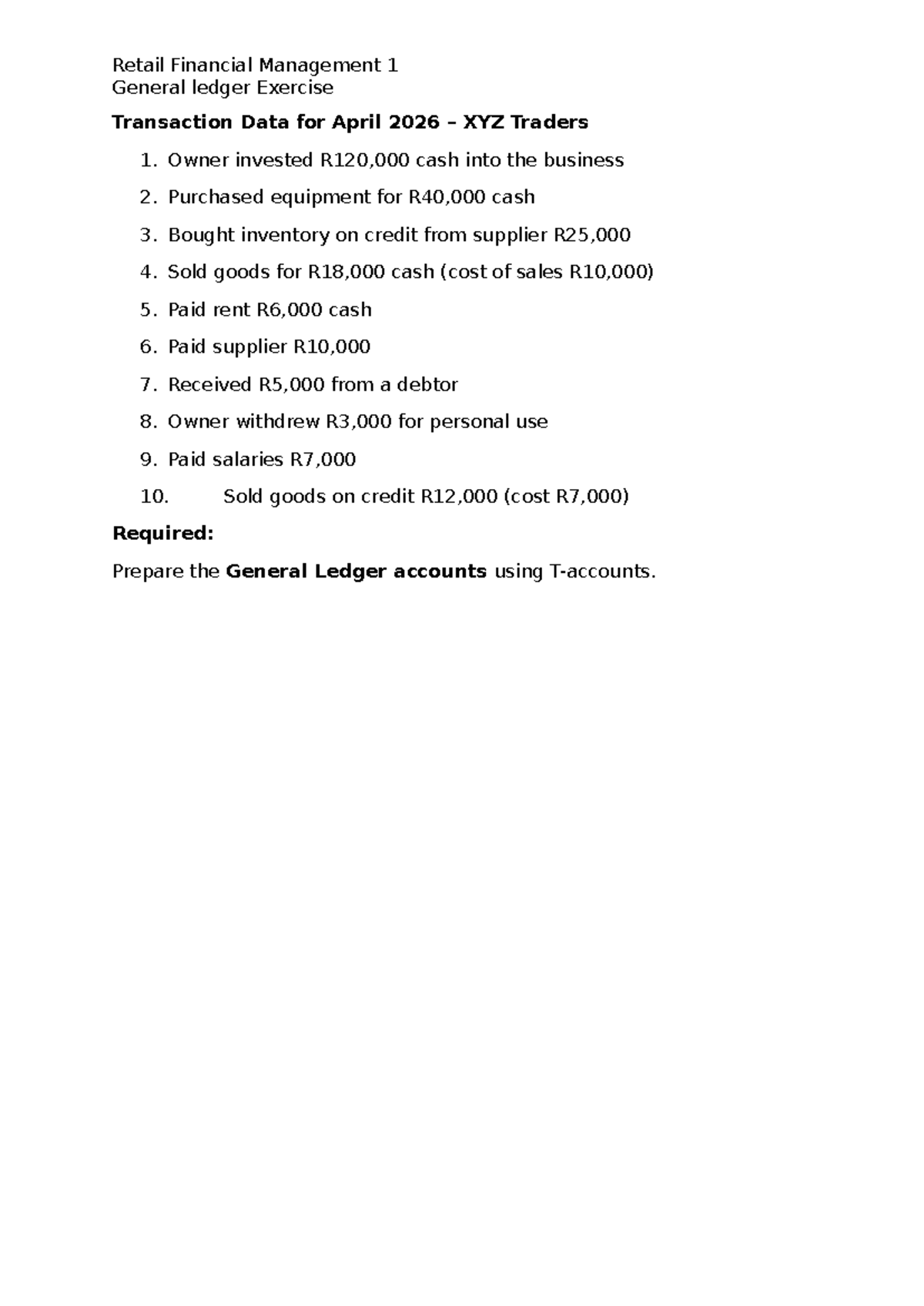 General Ledger exercise RFM1 - Retail Financial Management 1 General ...