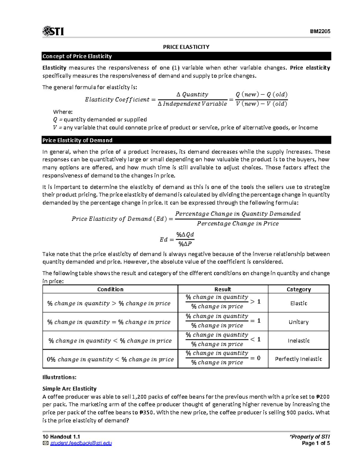 BM2205 PRICE ELASTICITY: Understanding Demand & Supply Responses - Studocu