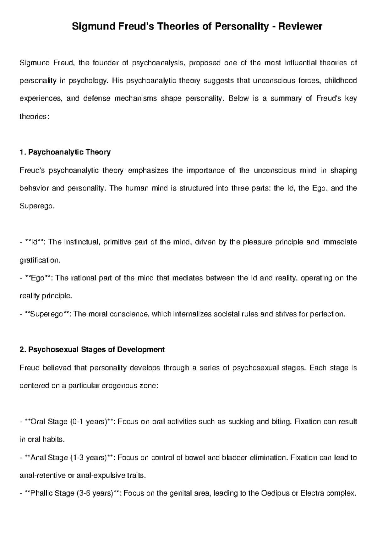 Freud Theories of Personality Reviewer - Sigmund Freud's Theories of ...