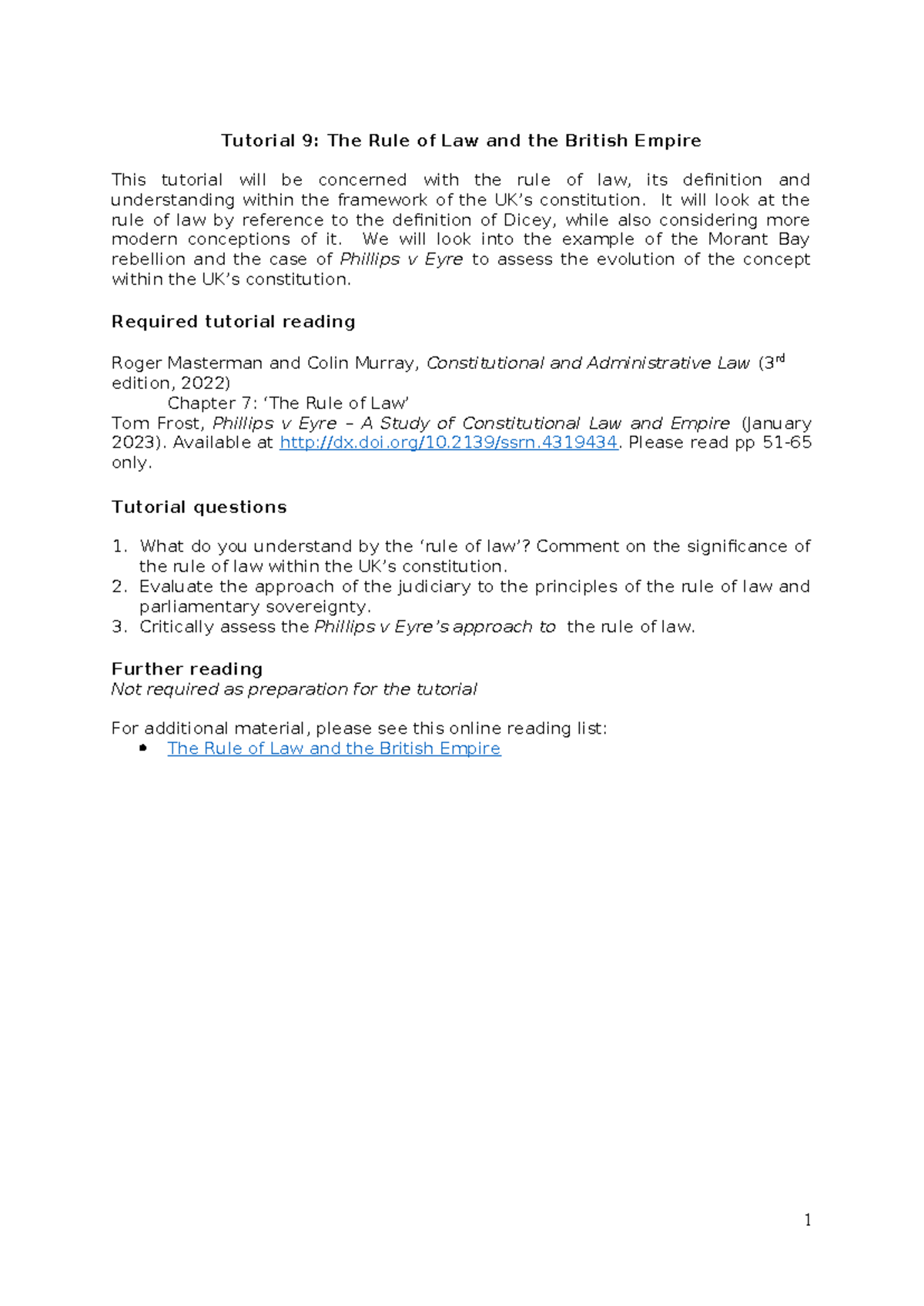 Unit 9 reading and questions - Tutorial 9: The Rule of Law and the ...