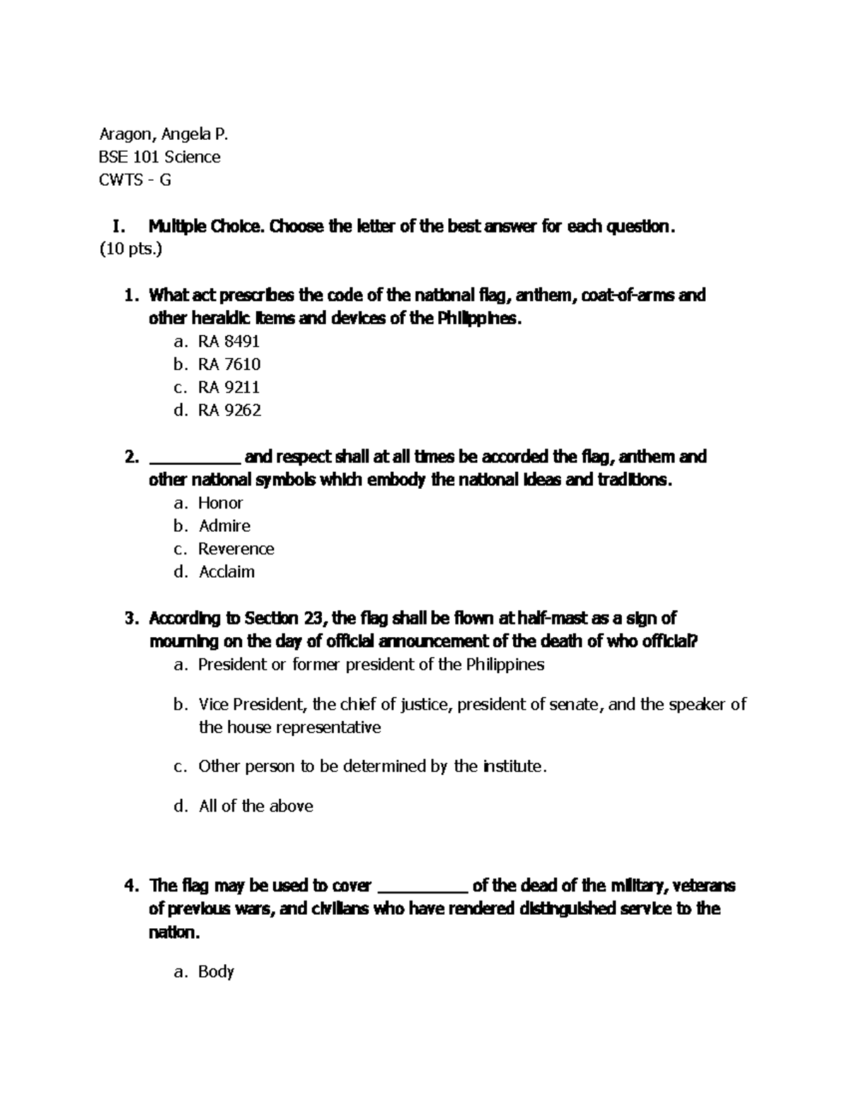 BSE 101 CWTS - G Review: National Symbols and Citizen Duties - Studocu