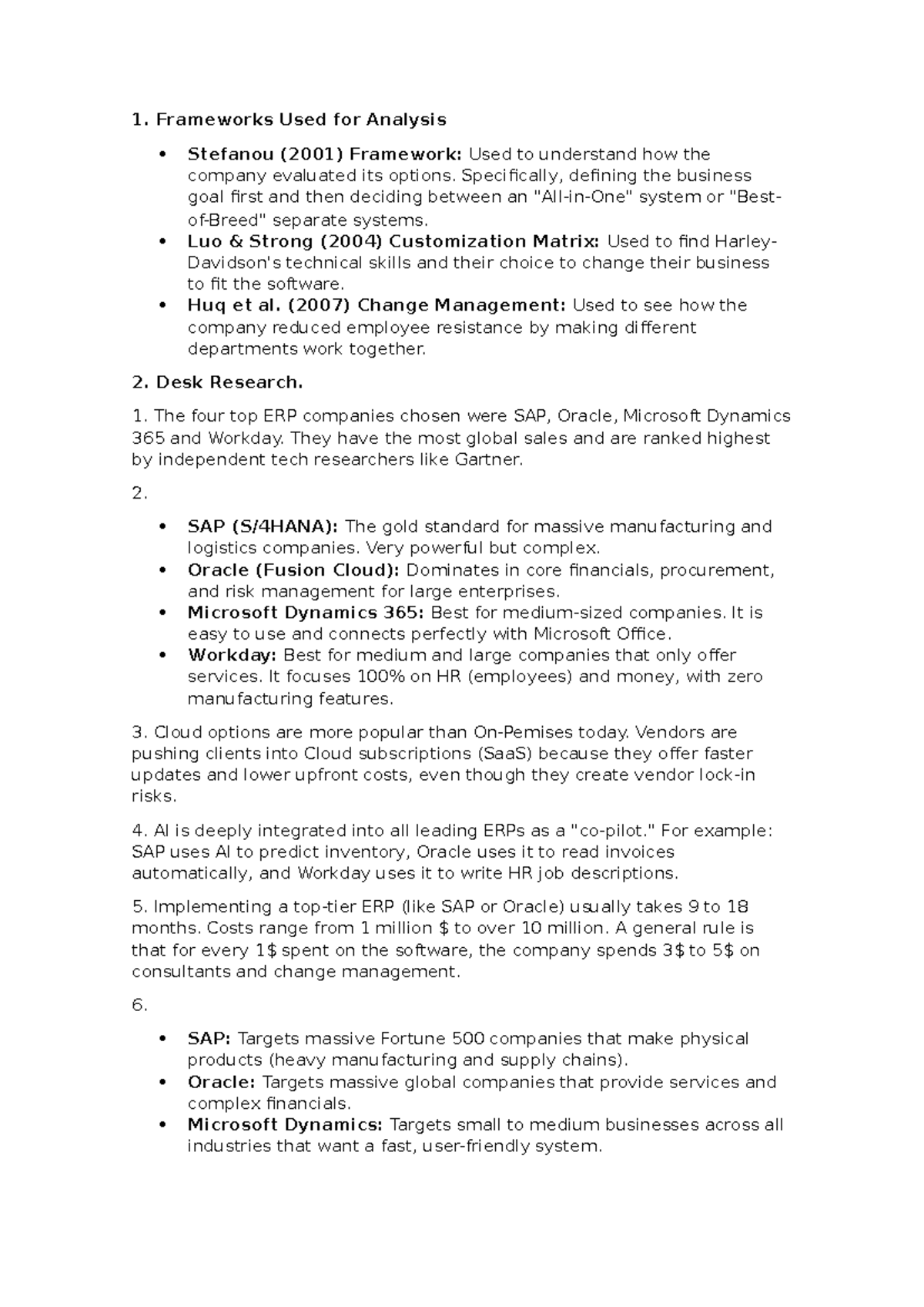 Class Notes: ERP Analysis Frameworks and Vendor Insights (Case 1 ...
