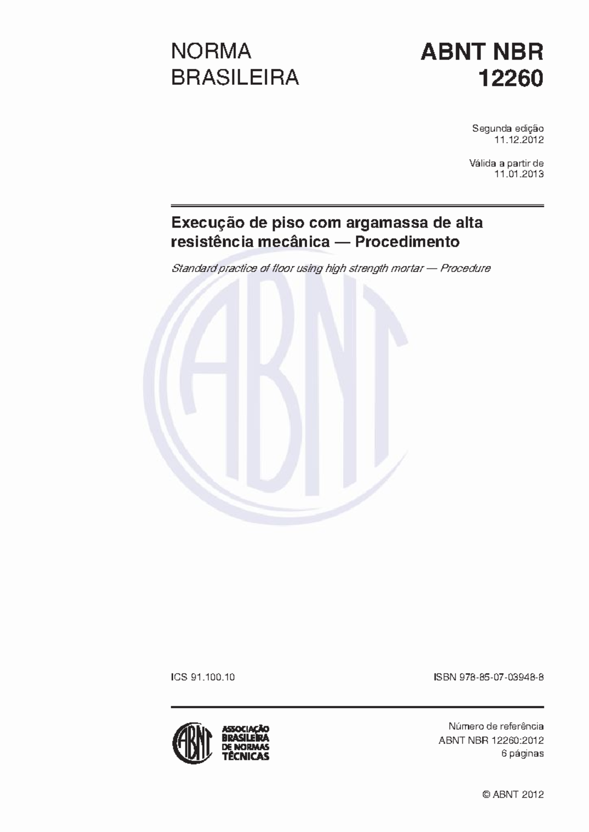 NBR 12260:2012 - Execução de Piso com Argamassa de Alta Resistência ...