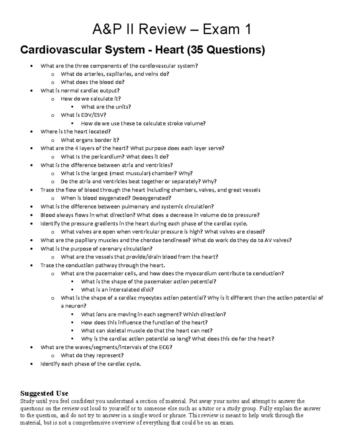 A&P II Review: Exam 1 Q&A on Cardiovascular System & Blood Vessels ...