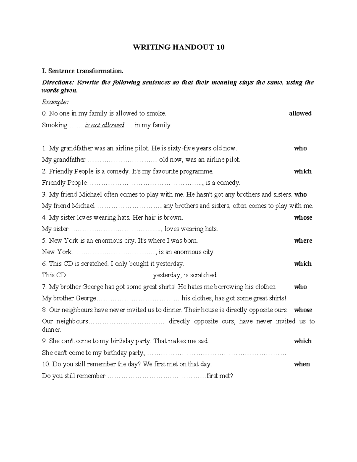 B1 Writing Handout 10: Sentence Transformation Exercises - Studocu