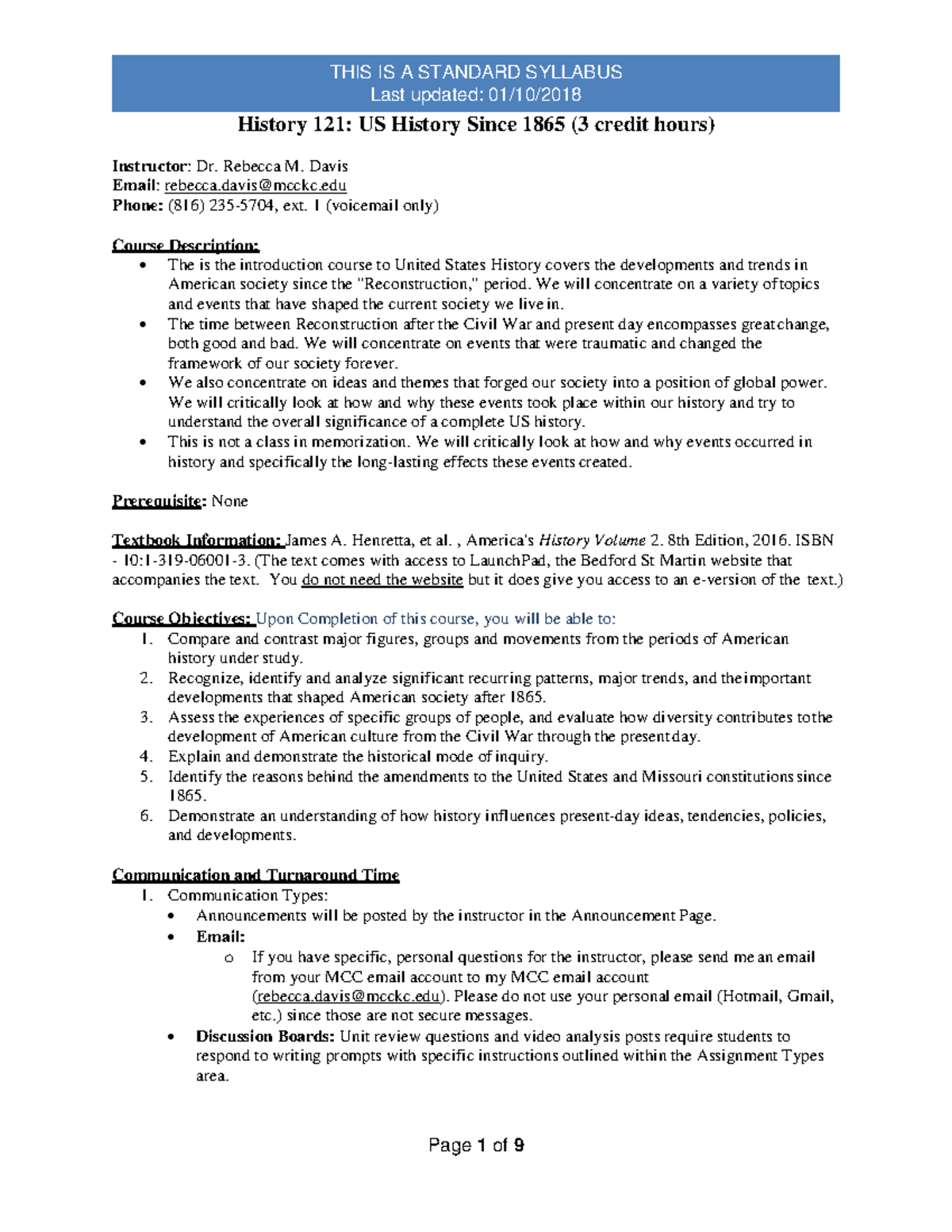 History 121 Online Syllabus: US History Since 1865 Course Guide - Studocu