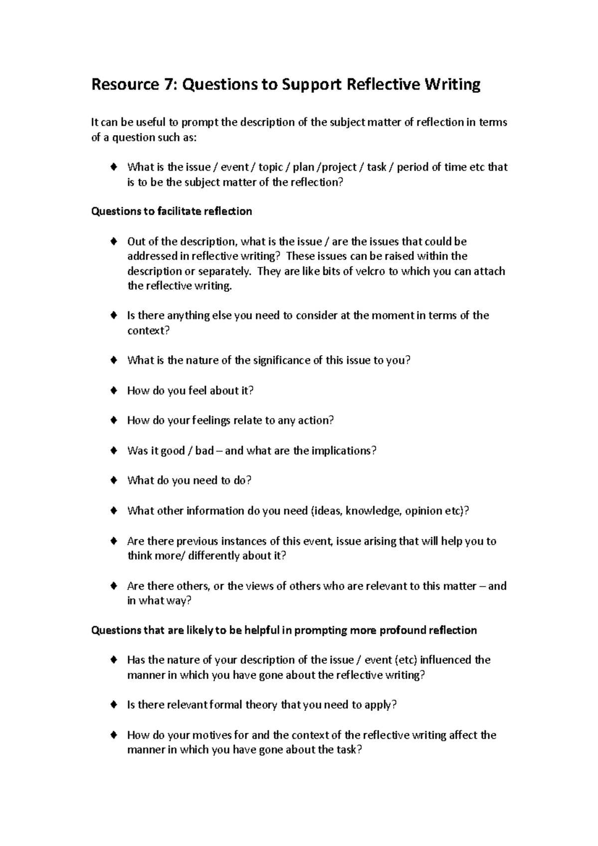 Reflective Writing Support Questions - Jennifer Moon Resource 7 - Studocu