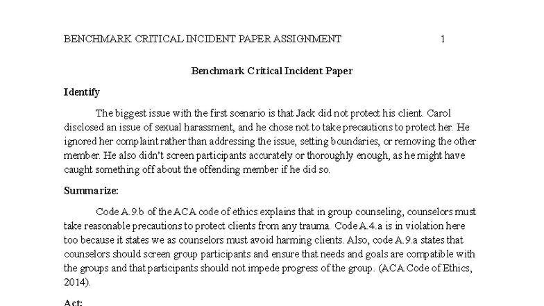 Benchmark Critical Incident Paper - BENCHMARK CRITICAL INCIDENT PAPER ...