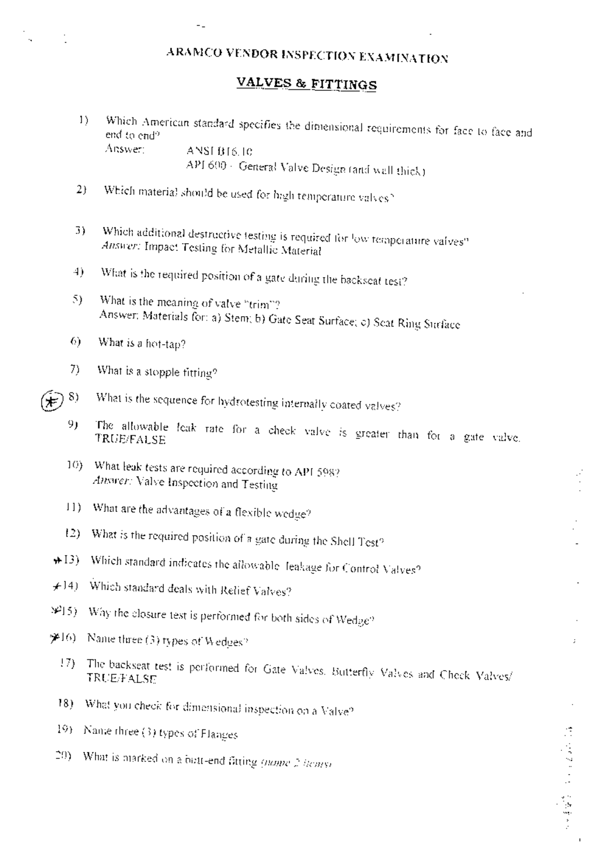 ARAMCO Vendor Inspection Exam: Valves & Fittings Q&A (ARA) - Studocu