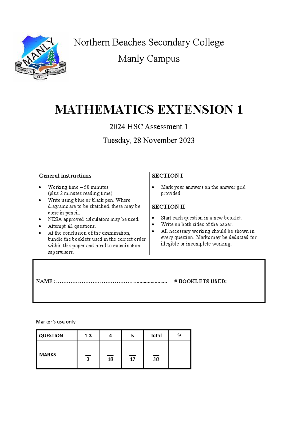 2024 HSC Mathematics Extension 1 Assessment 1 & Solutions - Studocu